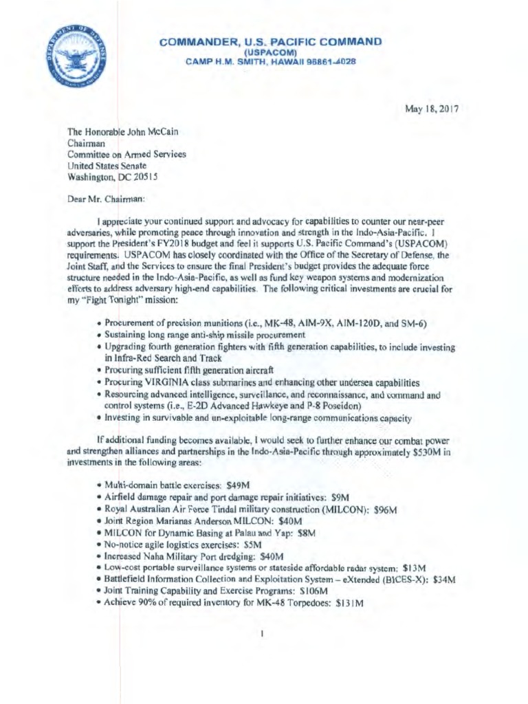 CDRUSPACOM LTR To SASC Chairman Re - Unfunded Priorities List For FY18 ...