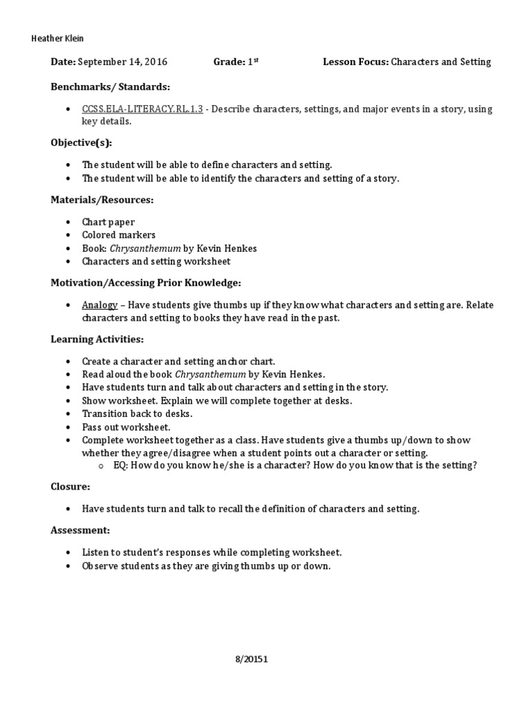 Characters and Setting Lesson Plan | PDF