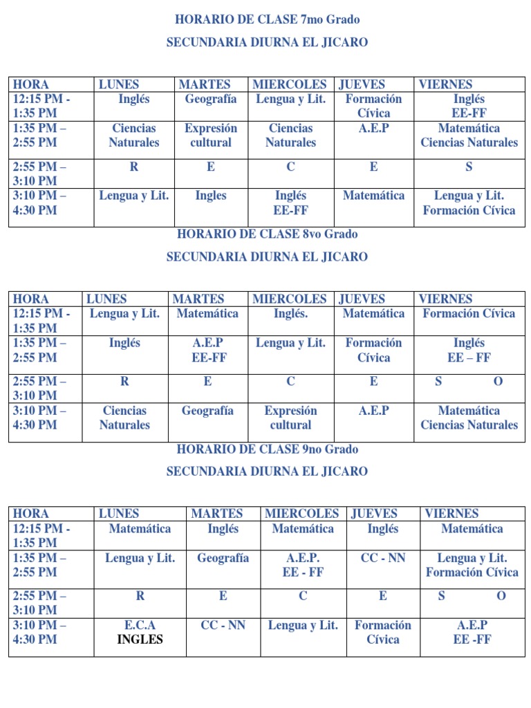 Horario de Clase 7mo Grado | PDF