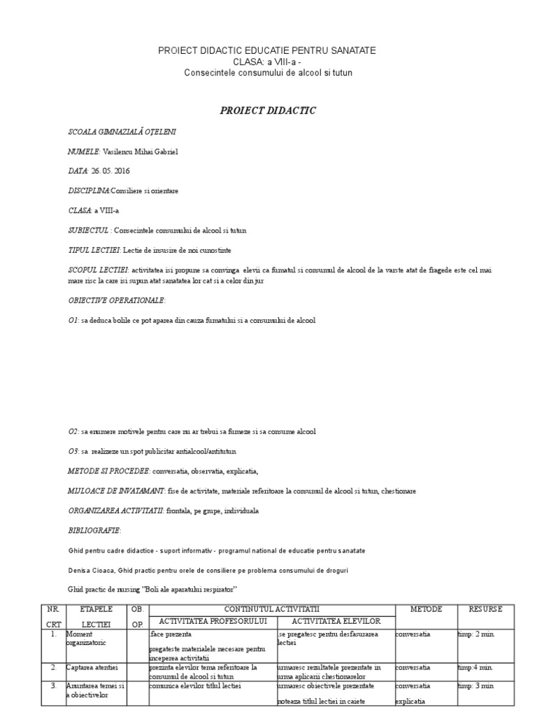 Proiect Didactic Educatie Pentru Sanatate Clasa | PDF