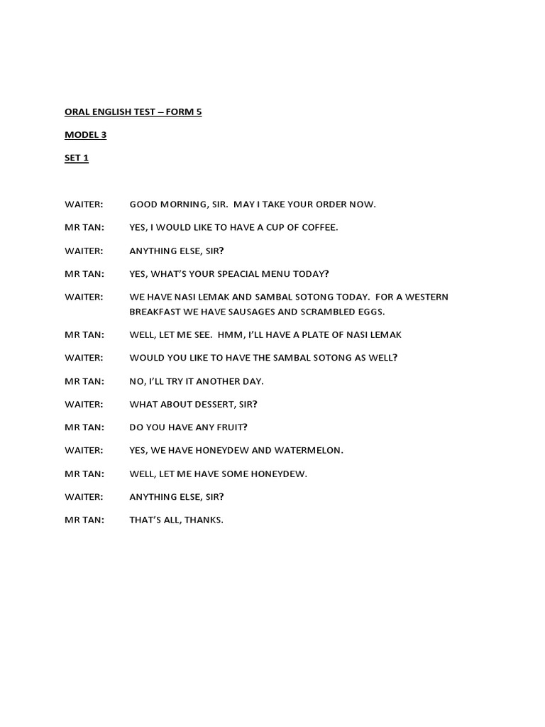Oral English Test Examples for Form 5 | PDF