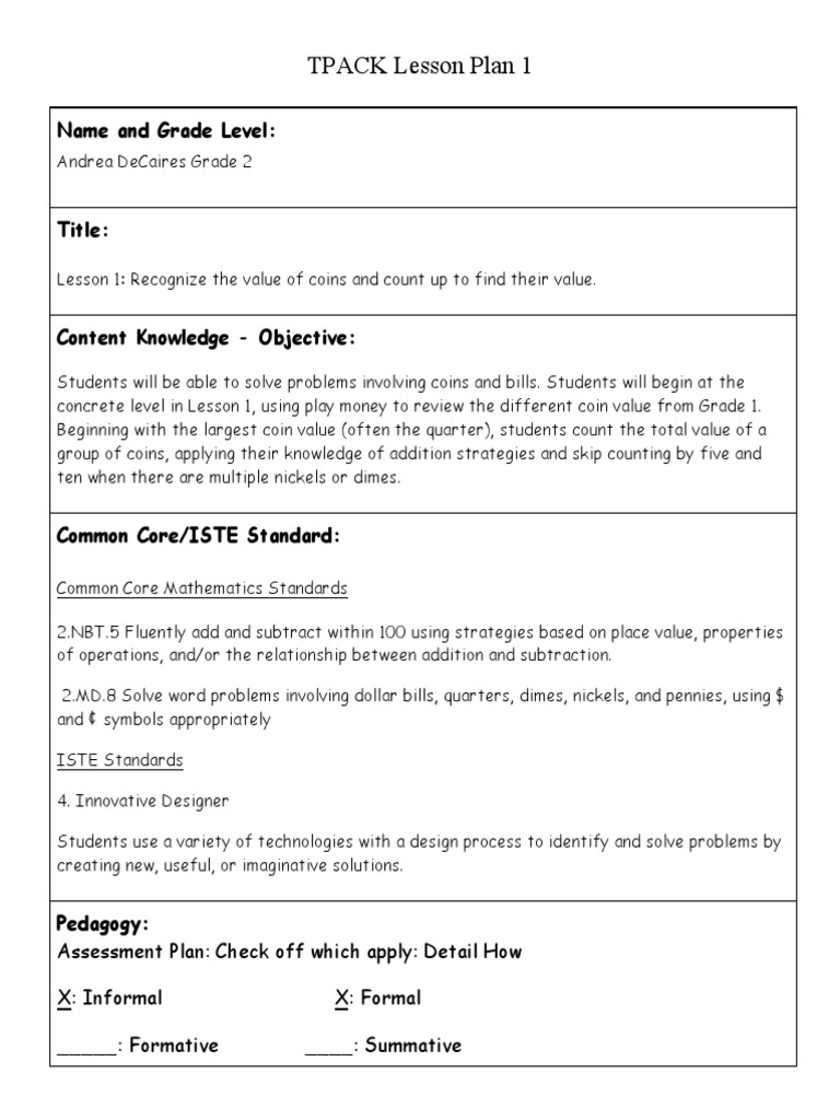 Tpack Lesson 1 | PDF | Educational Assessment | Coins