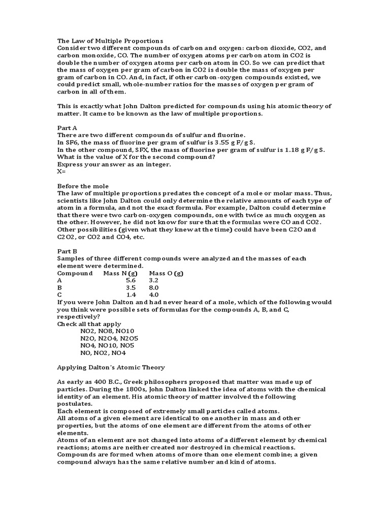 Law of Multiple Proportions Explained | PDF | Chemical Elements | Atoms