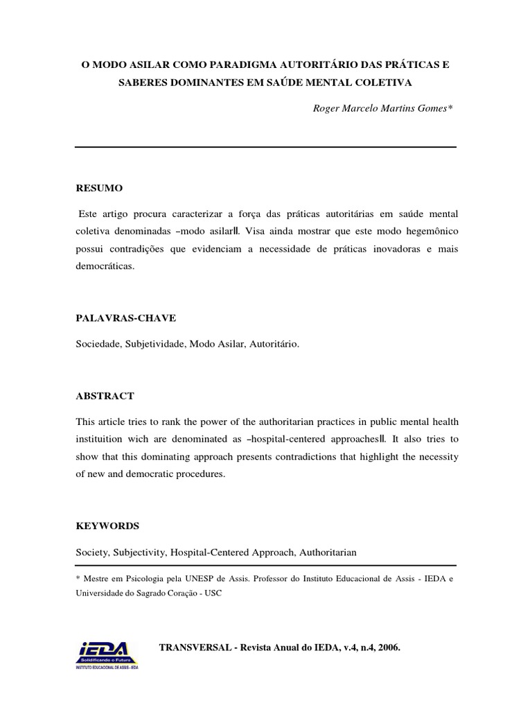 O Modo Asilar Como Paradigma Autoritario Das Praticas e Saberes ...