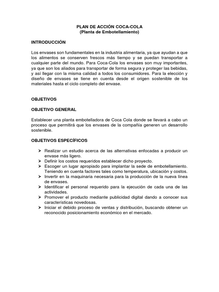 Plan de Acción Coca Cola | Coca Cola | Planificación