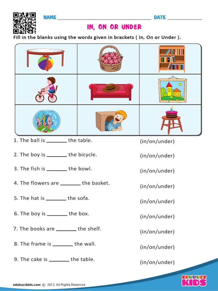 Prepositions Worksheet - In, On or Under | PDF