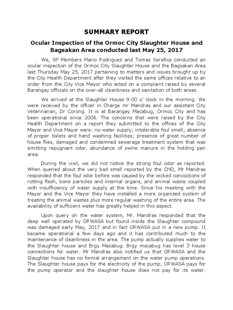 Summary Report: Ocular Inspection of The Ormoc City Slaughter House and ...
