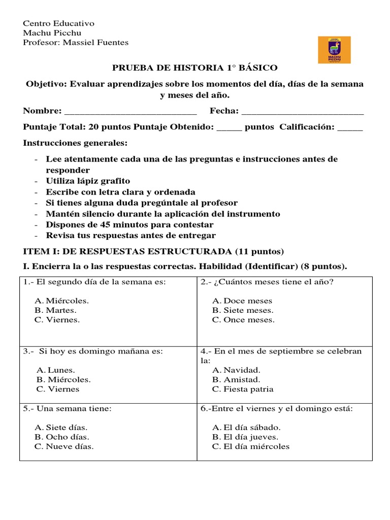 Prueba de Días y Meses 1° Básico | PDF | Calendario