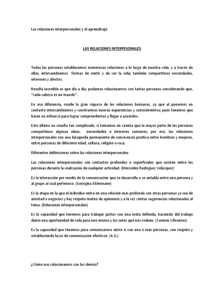 Las Relaciones Interpersonales y El Aprendizaje | PDF | Maestros ...
