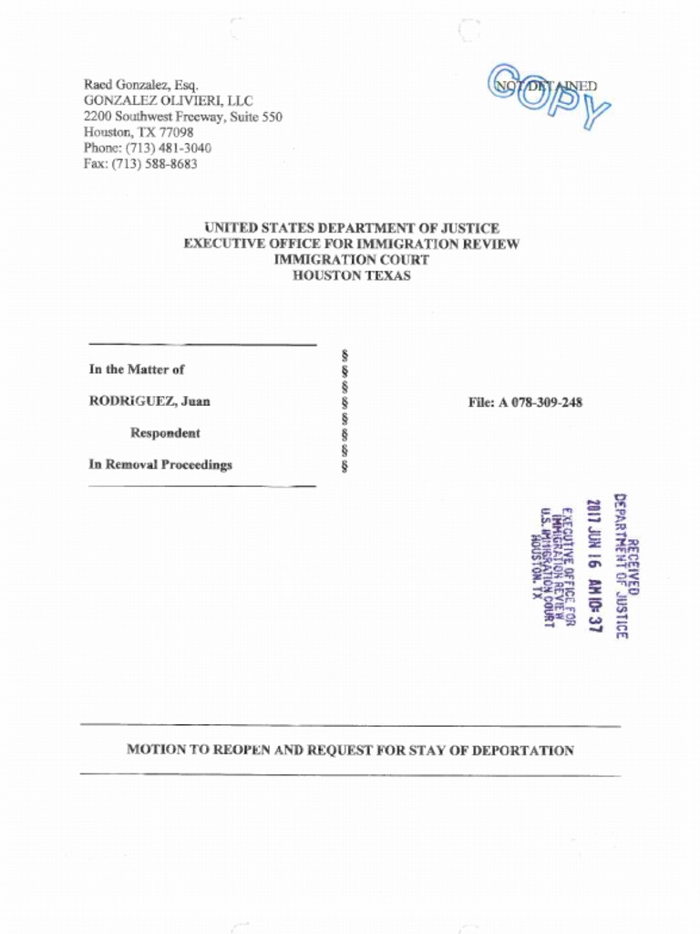 Motion to Reopen and Request for Stay of Deportation