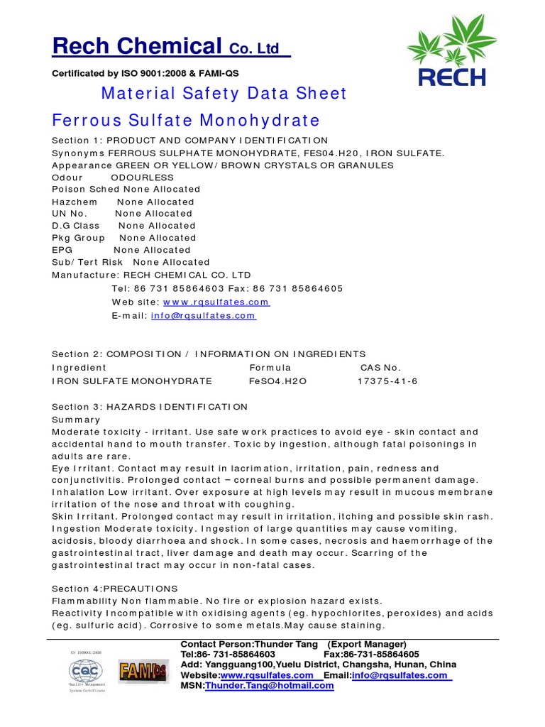 Ferrous Sulfate Safety Data Sheet | PDF | Toxicity | Personal ...