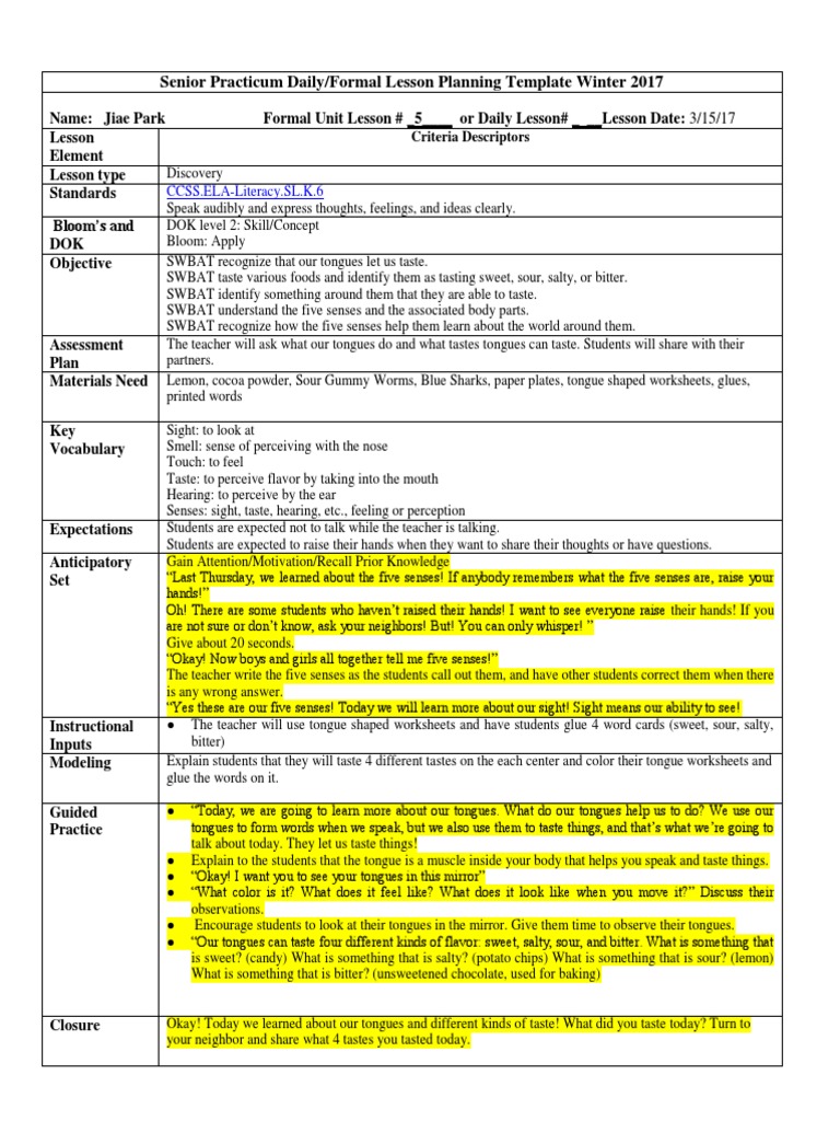 5 Formallessonplan | PDF | Taste | Lesson Plan