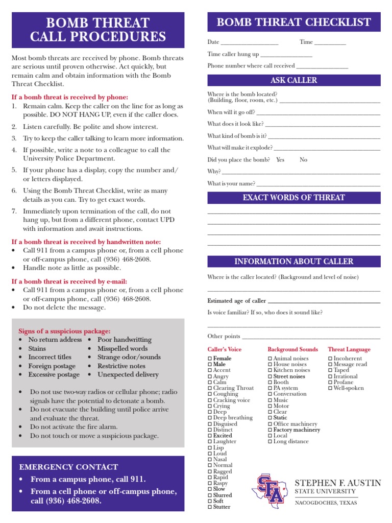 Sfa Bomb Threat Procedure | PDF | 9 1 1 | Communication