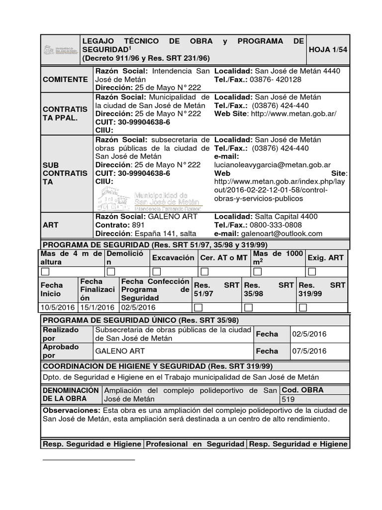 Legajo Tecnico y Programa de Seguridad Desc | PDF | Excavación (Arqueología) | Seguridad y salud ...