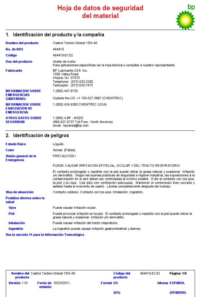 ACEITE de MOTOR - Castrol Tection Global 15W-40 | PDF | Contaminación ...