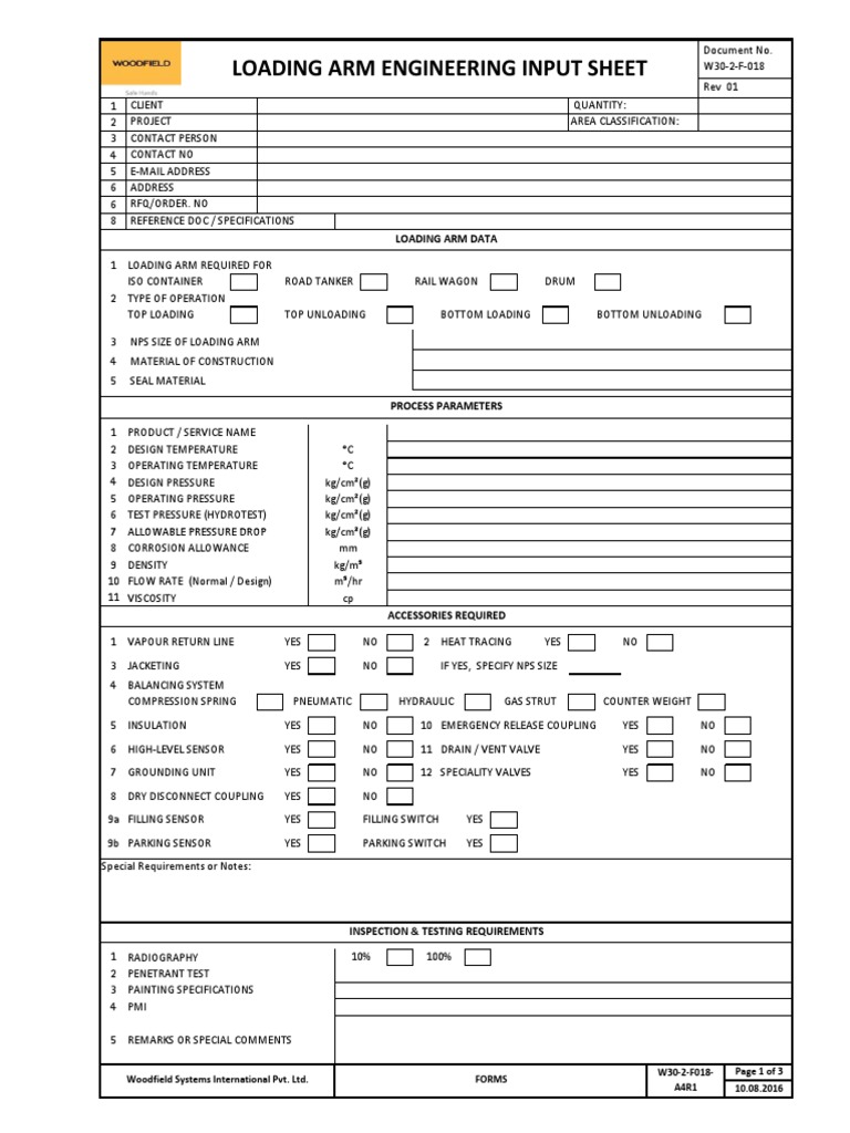 Loading Arm Engineering Input Sheet | PDF | Pressure | Valve
