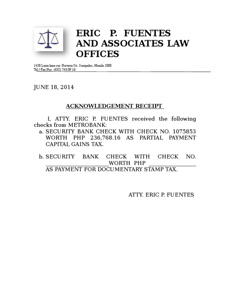 Eric P. Fuentes and Associates Law Offices: Acknowledgement Receipt | PDF
