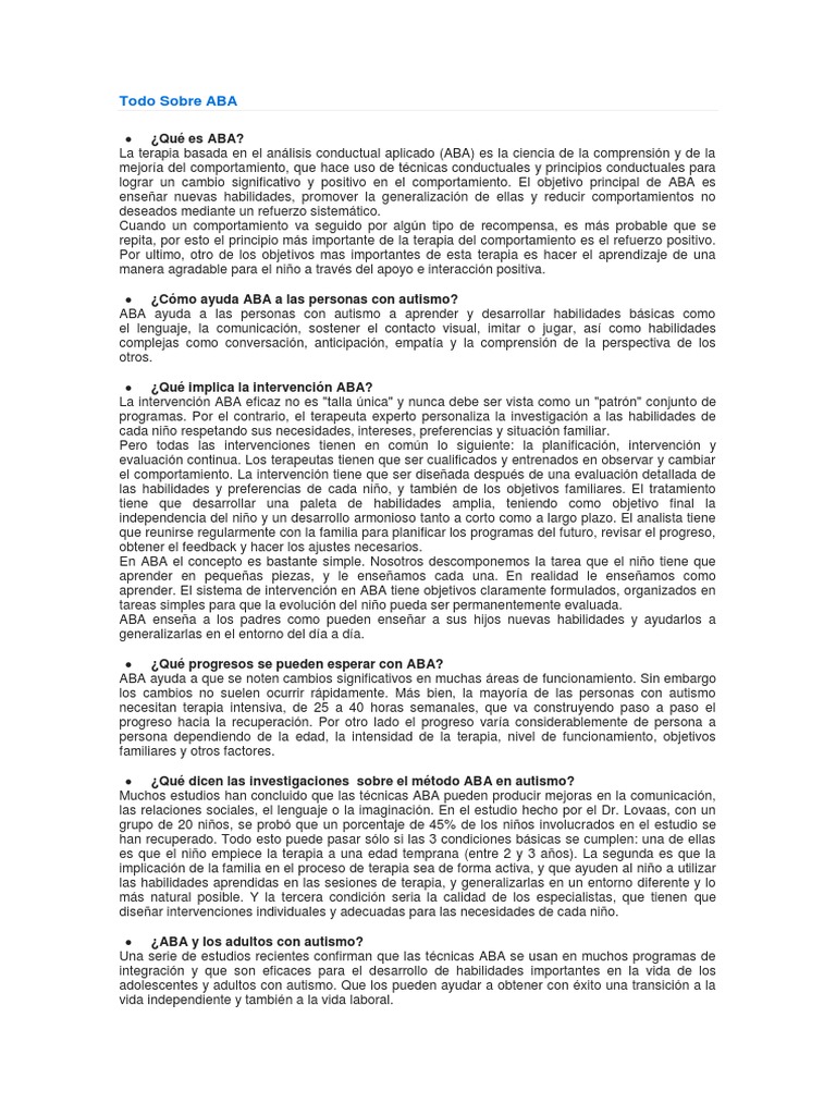 Todo Sobre ABA | PDF | Autismo | Trastornos profundos del desarrollo