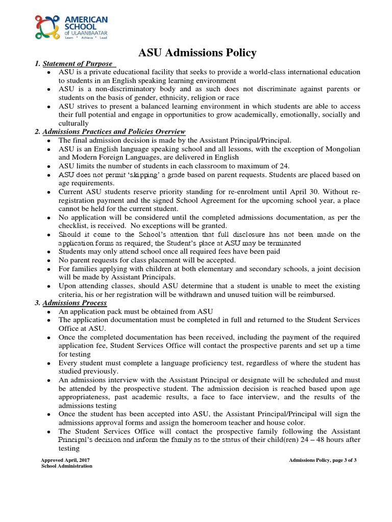 ASU Admissions Policy: 1. Statement of Purpose | PDF | College ...