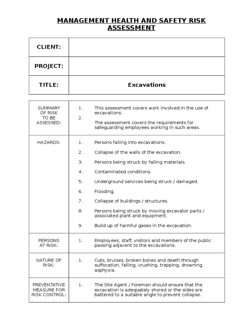 Management Health and Safety Risk Assessment: Client | PDF | Excavation ...