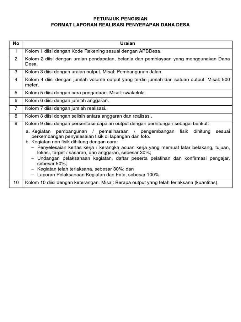 Petunjuk Pengisian Format Laporan Realisasi DD ### | PDF