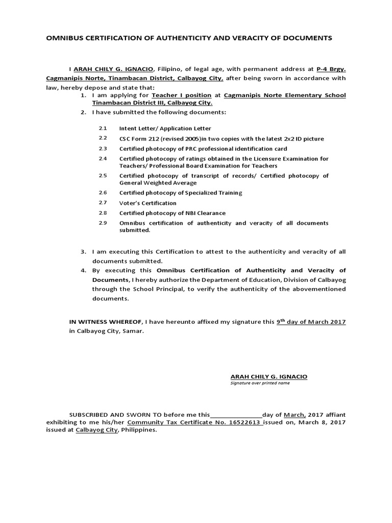 Omnibus Certification of Authenticity and Veracity of Documents 2 ...