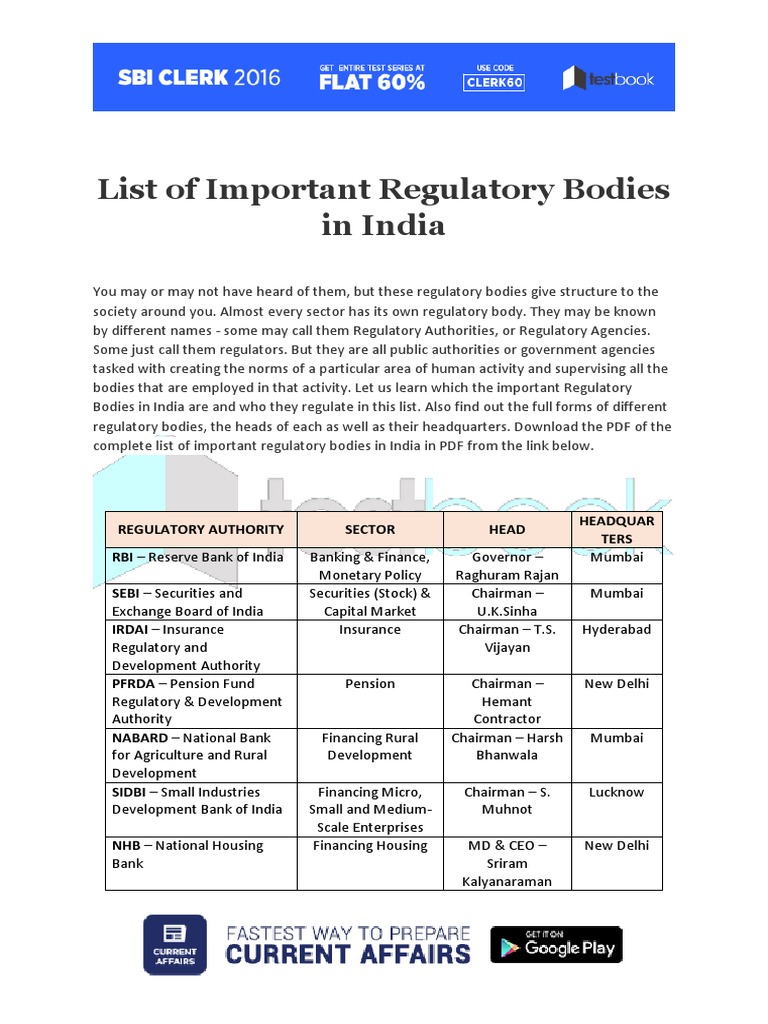 List of Important Regulatory Bodies in India in PDF | PDF | Reserve ...