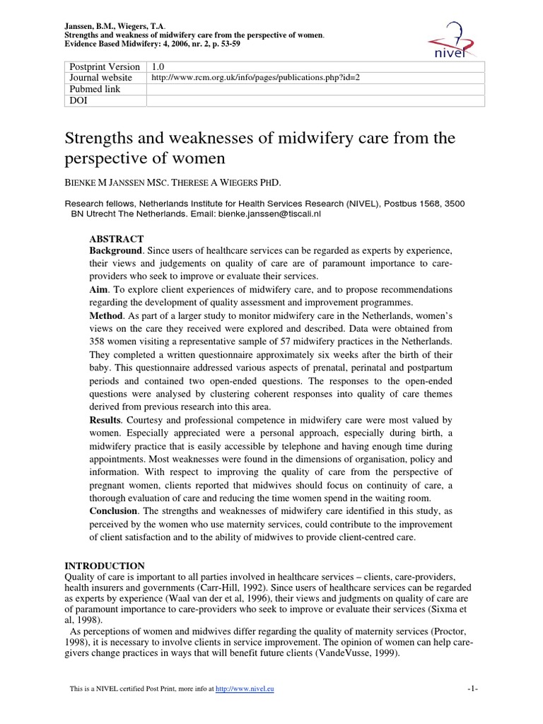Strengths and Weaknesses of Midwifery Care From The | PDF | Midwife ...