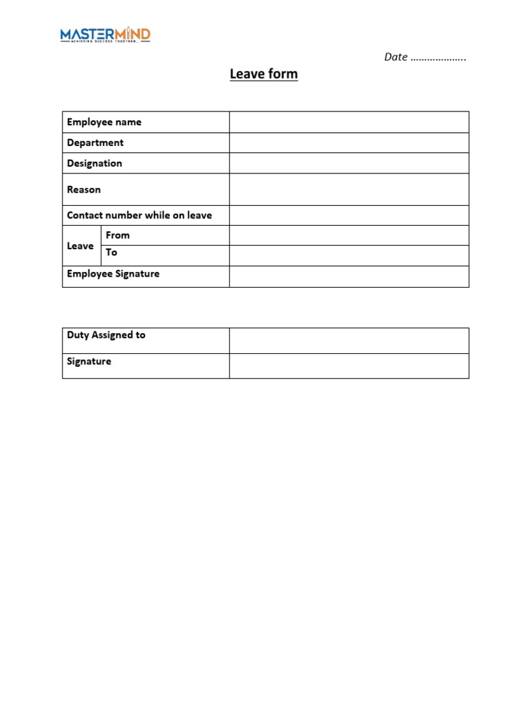 Leave Form: Employee Name Department Designation Reason Contact Number ...