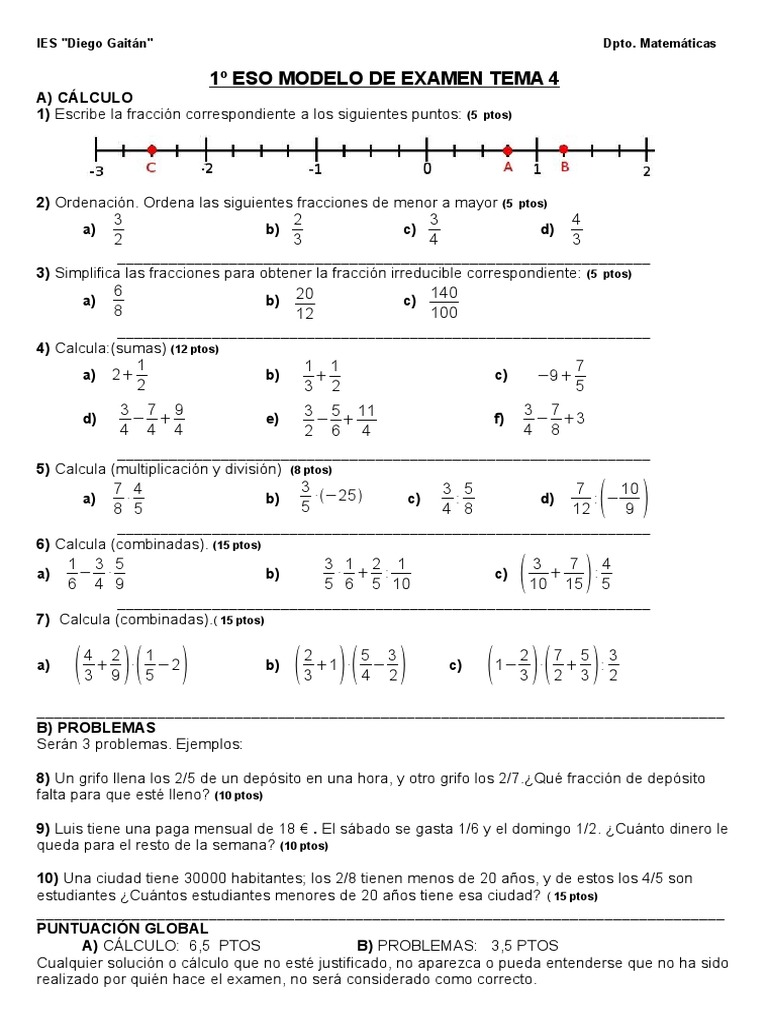 Examen de Fracciones 1º ESO | PDF | Fracción (Matemáticas) | Objetos ...