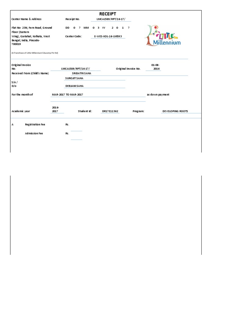 Receipt: (A Franchisee of Little Millennium Educomp PVT LTD) | PDF