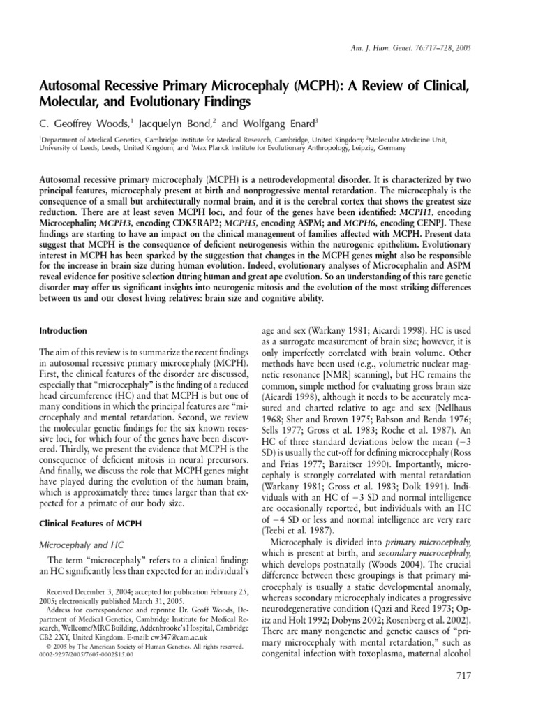 Autosomal Recessive Primary Microcephaly (MCPH) : A Review of Clinical ...