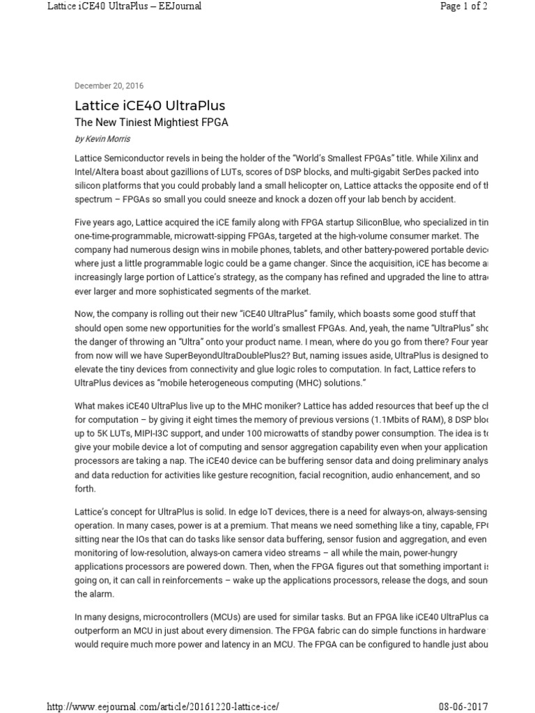 Lattice Ice40 Ultraplus: The New Tiniest Mightiest Fpga | PDF | Field ...