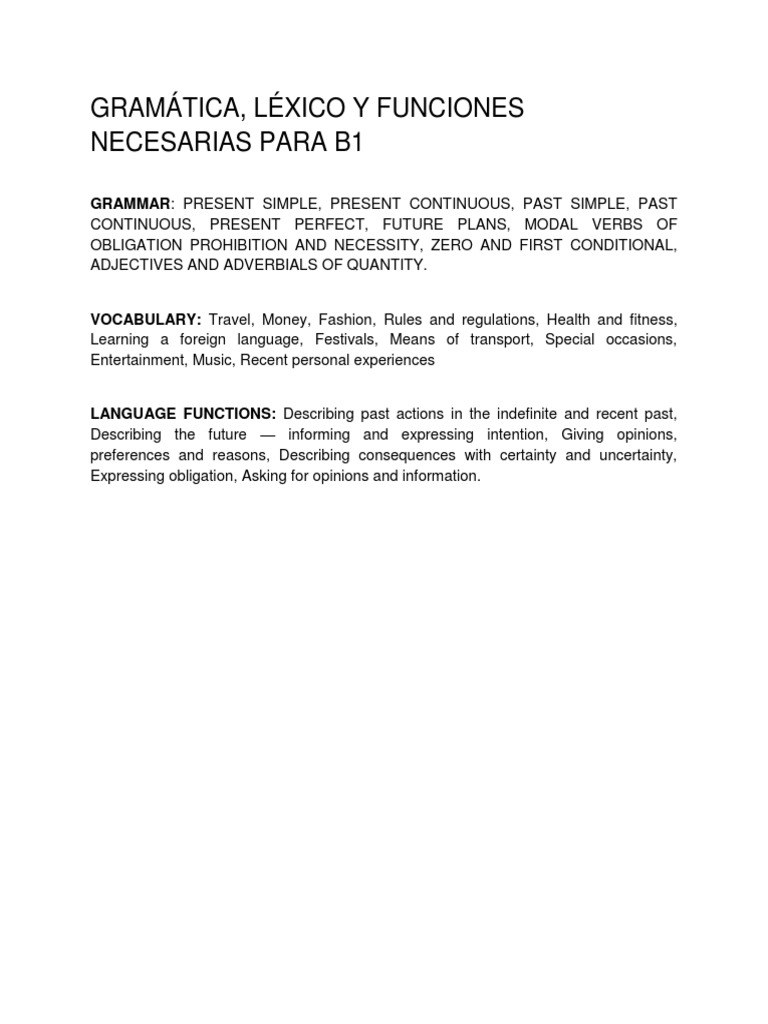Grammar, Vocabulary and Language Functions Necessary for B1 Level ...