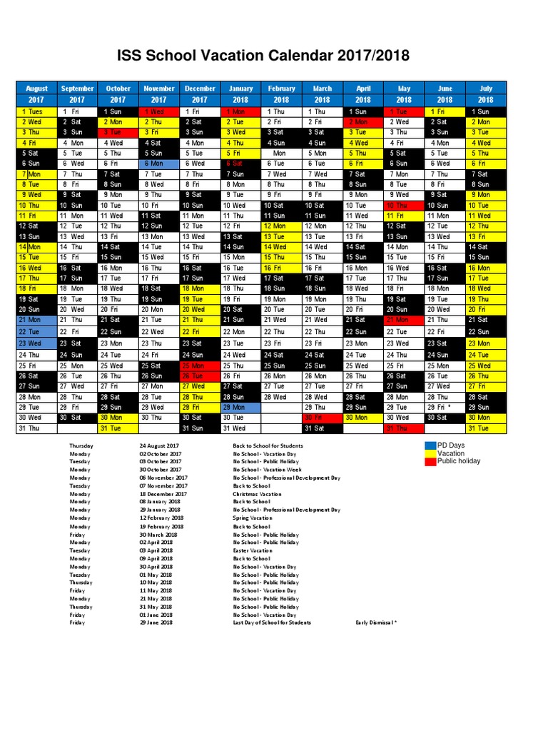 Vacation Calendar 2017-2018 | PDF
