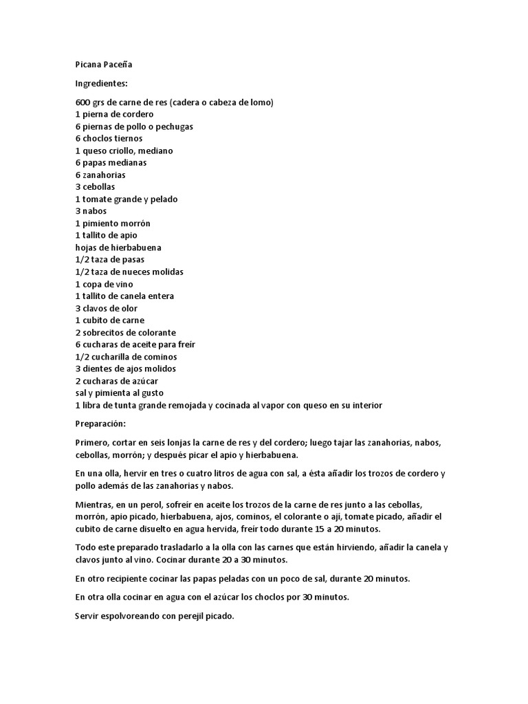 Receta de Picana Paceña | PDF | Cocina, comidas y vino