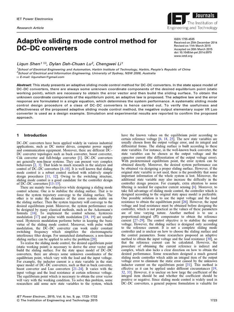 Adaptive Sliding Mode Control Method For DC-DC Converters | PDF | Power ...