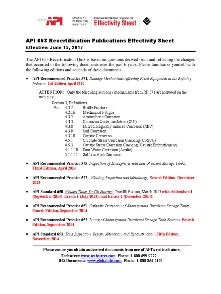 API 653 Effectivity Sheet 2025 | PDF | Technology & Engineering