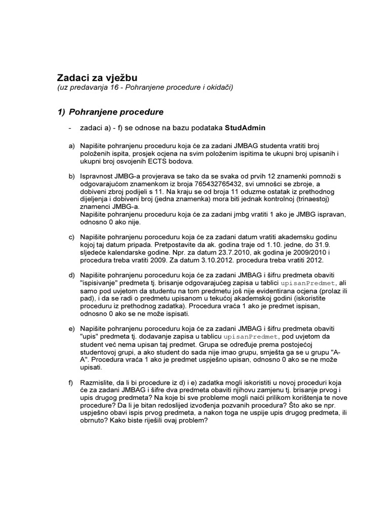 Zadaci Za Vjezbu - Pohranjene Procedure I Okidaci | PDF