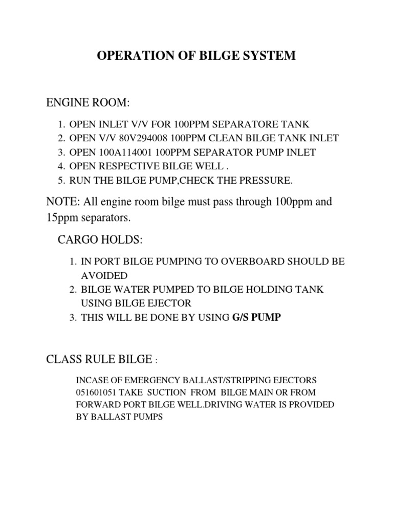 Operation of Bilge System: Engine Room | PDF