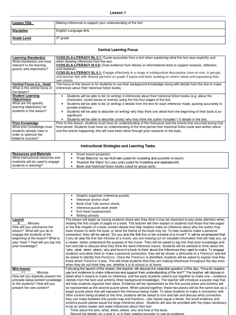 Ela 5th Grade Lesson Plan - 1 | PDF | Inference | Educational Assessment