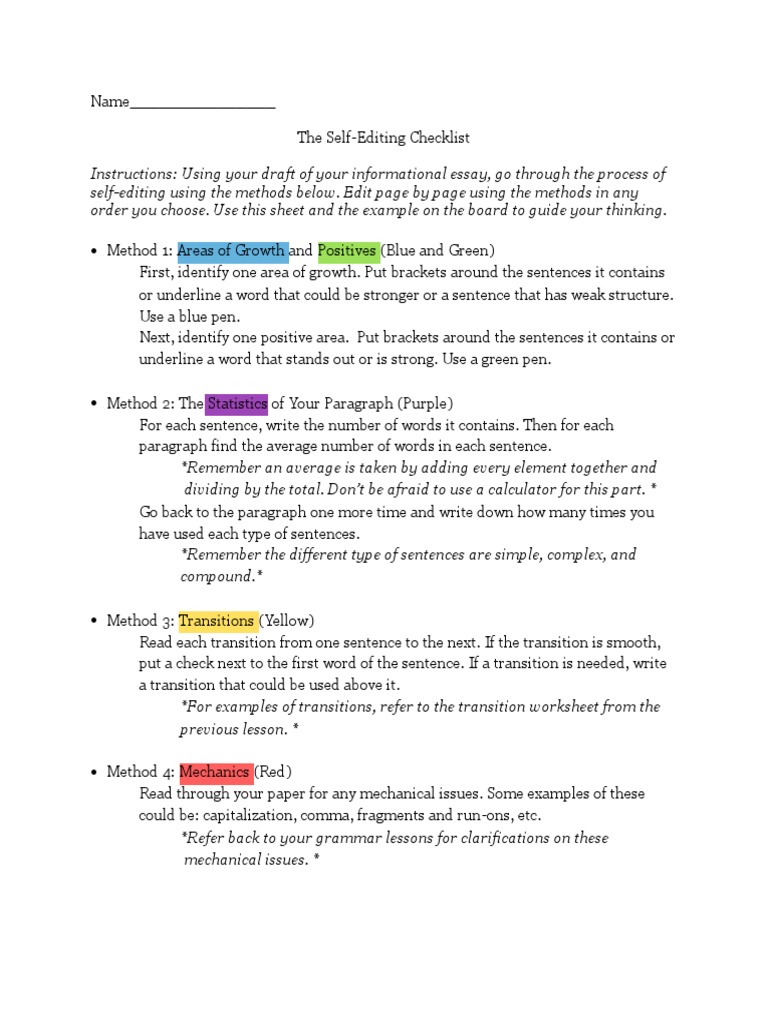 Self-Editing Checklist for Essays | PDF | Reading Comprehension ...