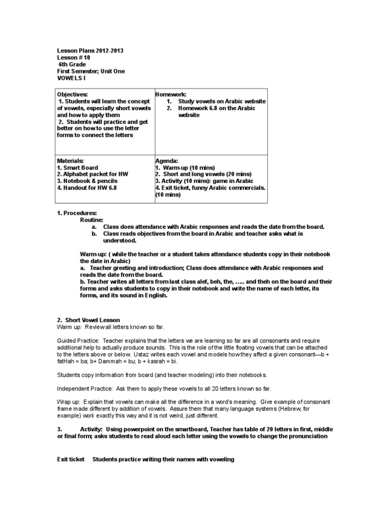 Arabic Vowels Lesson Plan for Grade 1 | PDF | Arabic | Vowel