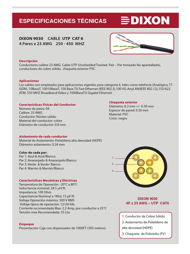 Ficha Tecnica Cable Utp Cat 6 Dixon | PDF
