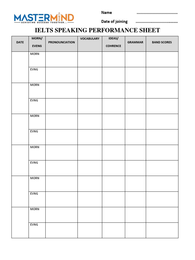 Ielts Speaking Performance Sheet: Name . Date of Joining . ........ | PDF