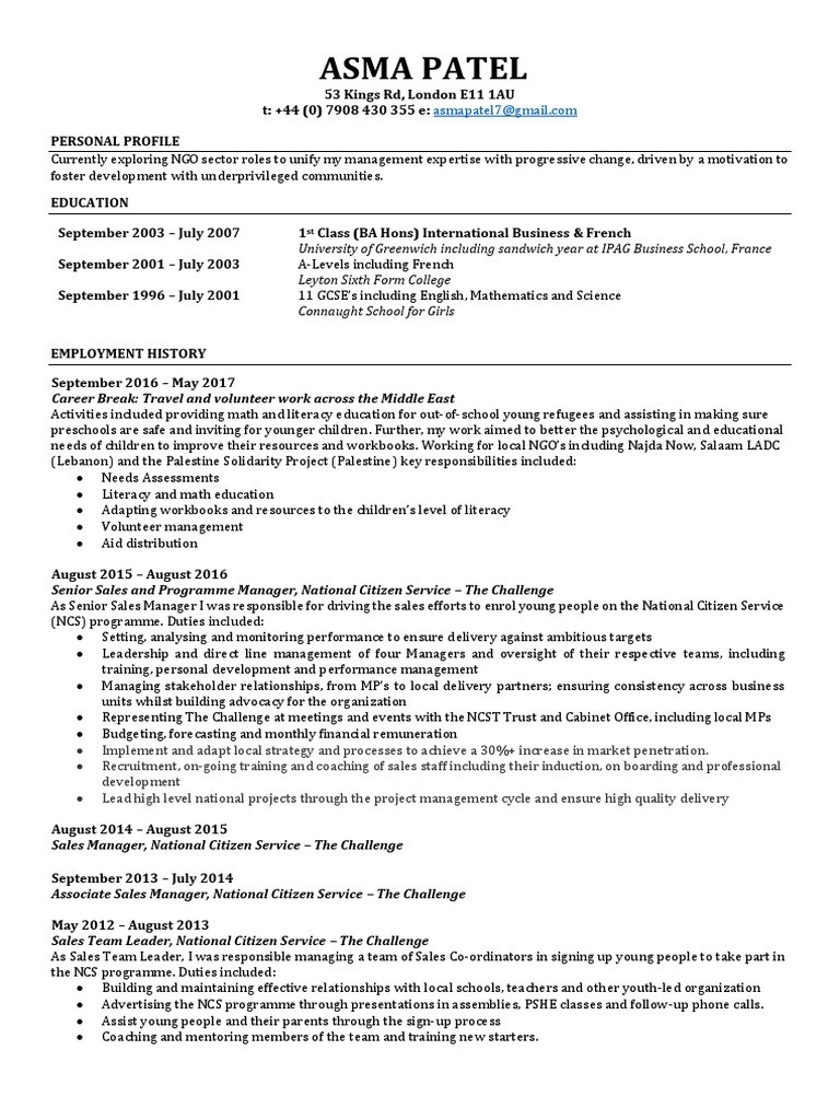 Asma Patel CV June-2017 | PDF | Sales | Mentorship