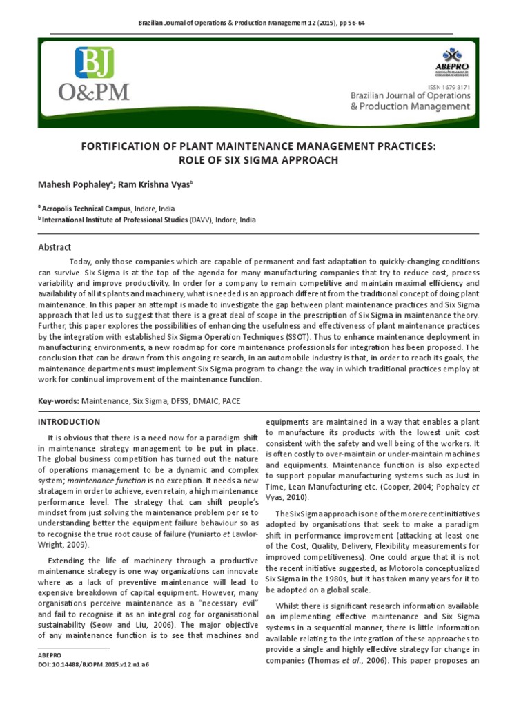 Rol Six Sigma in Maintenance | PDF | Design For Six Sigma | Six Sigma