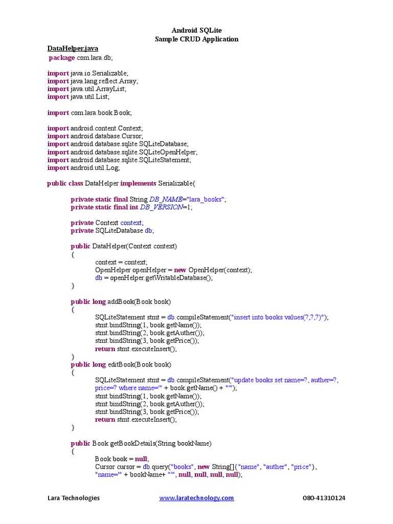 Android Sqlite Sample Crud Application Datahelper Java Lara Books 2500