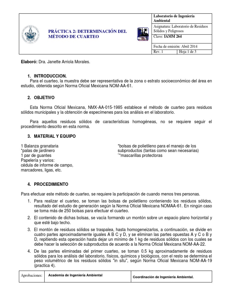 Determinación Del Método de Cuarteo | PDF | Laboratorios | Residuos