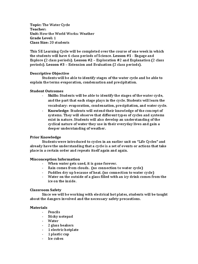 5e Learning Cycle Plan - The Water Cylce | PDF | Precipitation | Water ...